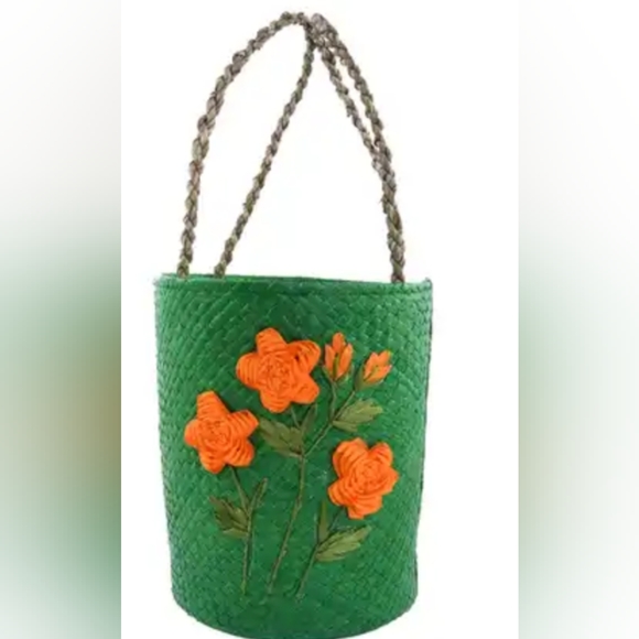 Bags | Green Embroidered With Floral Handmade Pandan Woven Basket Bag ...